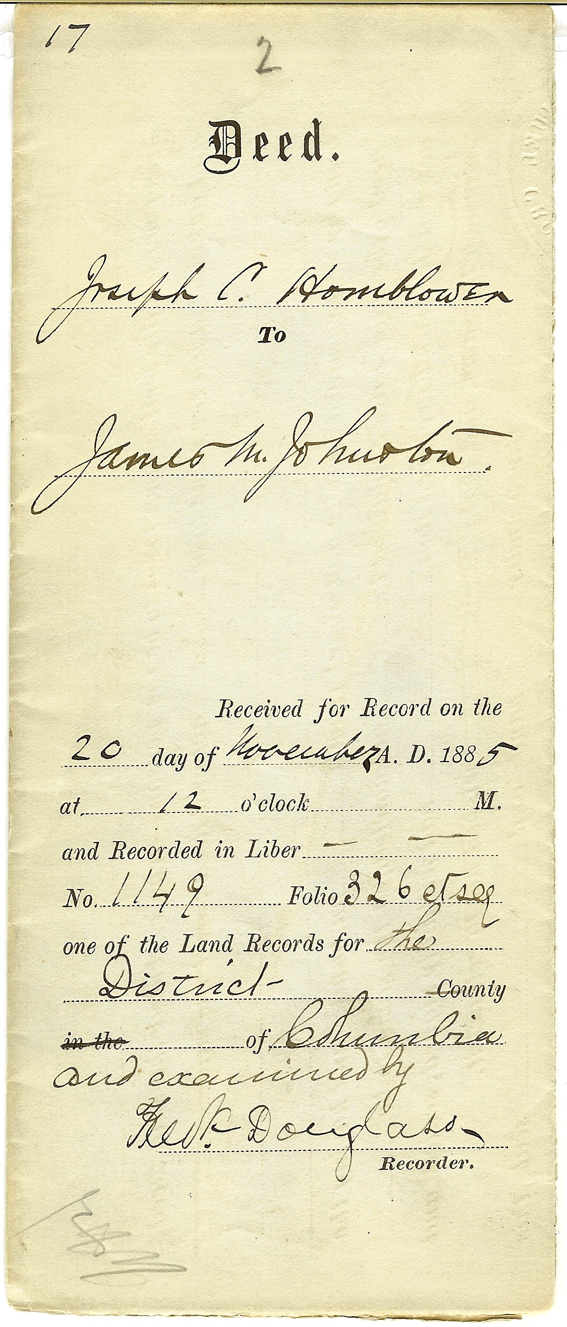 FREDERICK DOUGLASS SIGNED DOCUMENT, IN HIS CAPACITY AS RECORDER OF ...