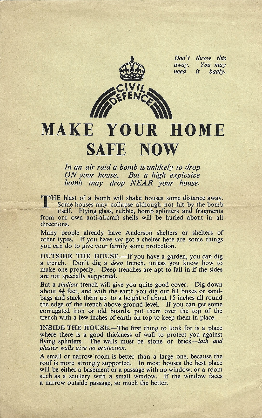 Five Instruction Leaflets/Pamphlets for Civilians: "Make Your Home Safe ...