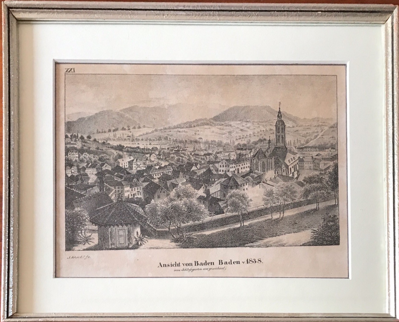 Ansicht von Baden Baden v.1838 vom Schlossgarten aus gezeichnet (mit ...
