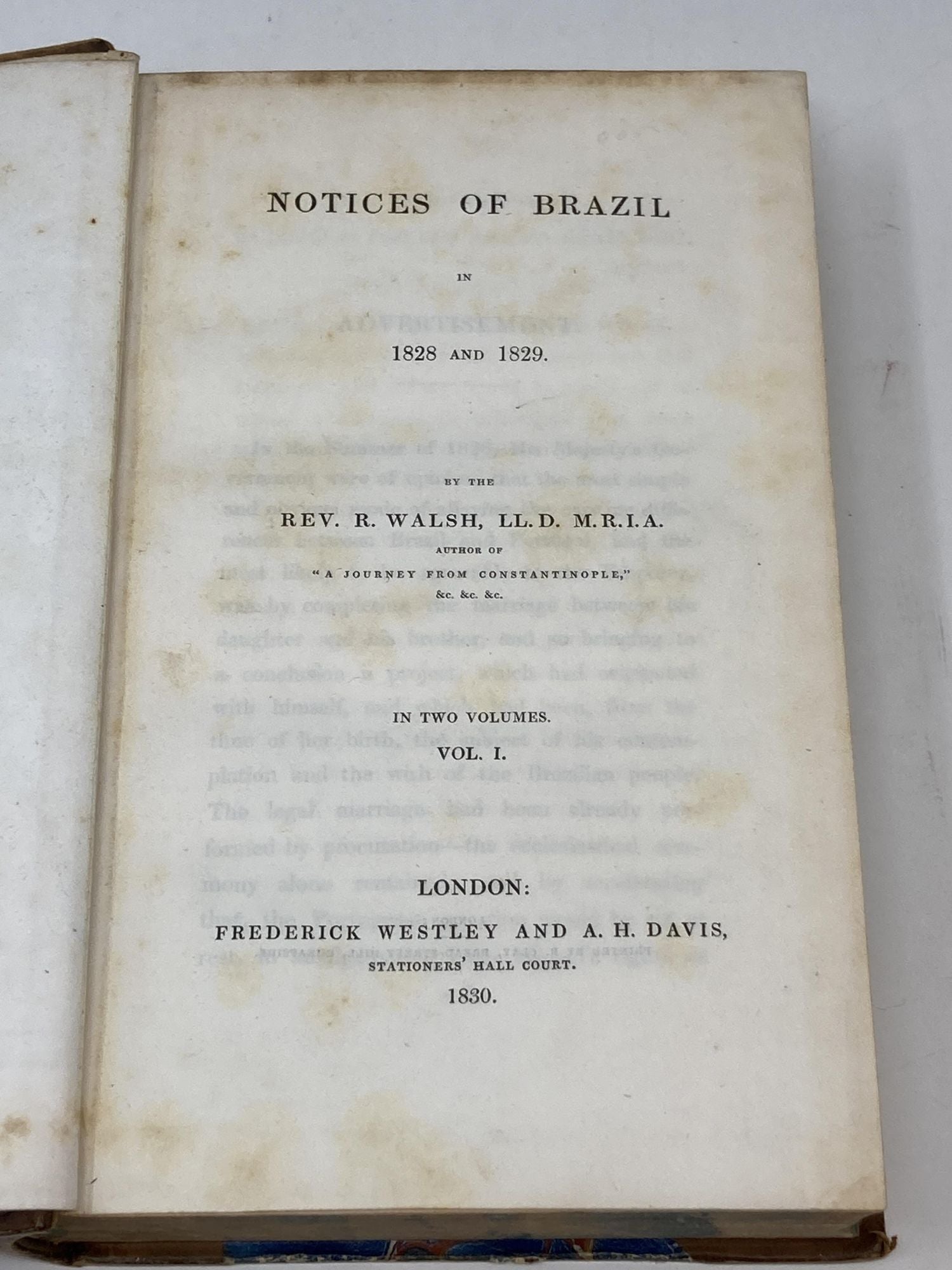 NOTICES OF BRAZIL IN 1828 AND 1829 (TWO VOLUMES, COMPLETE) by Walsh, R ...