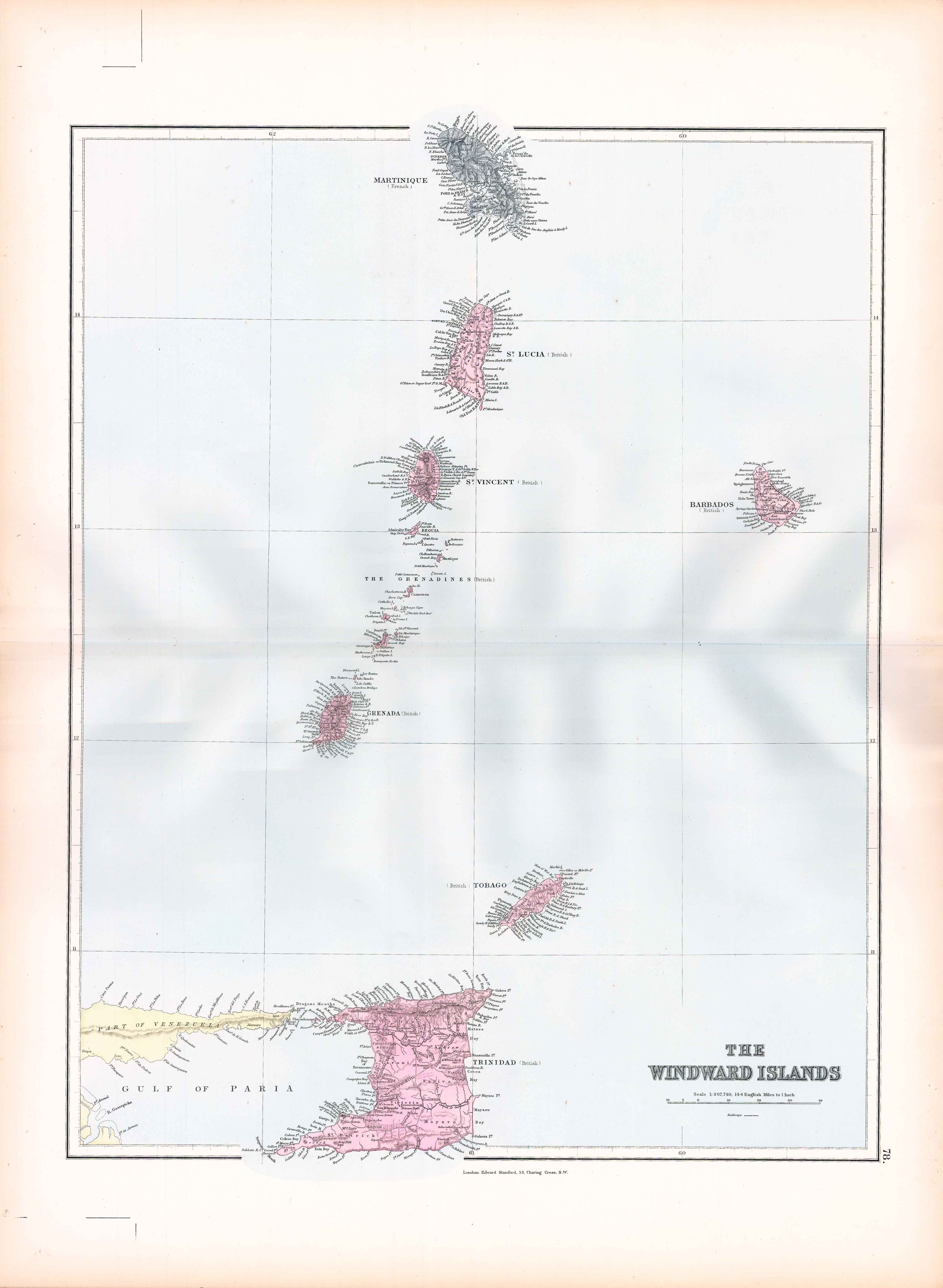 1887 Large Antique Folio Map THE WINDWARD ISLANDS By Stanford (SLA78 ...