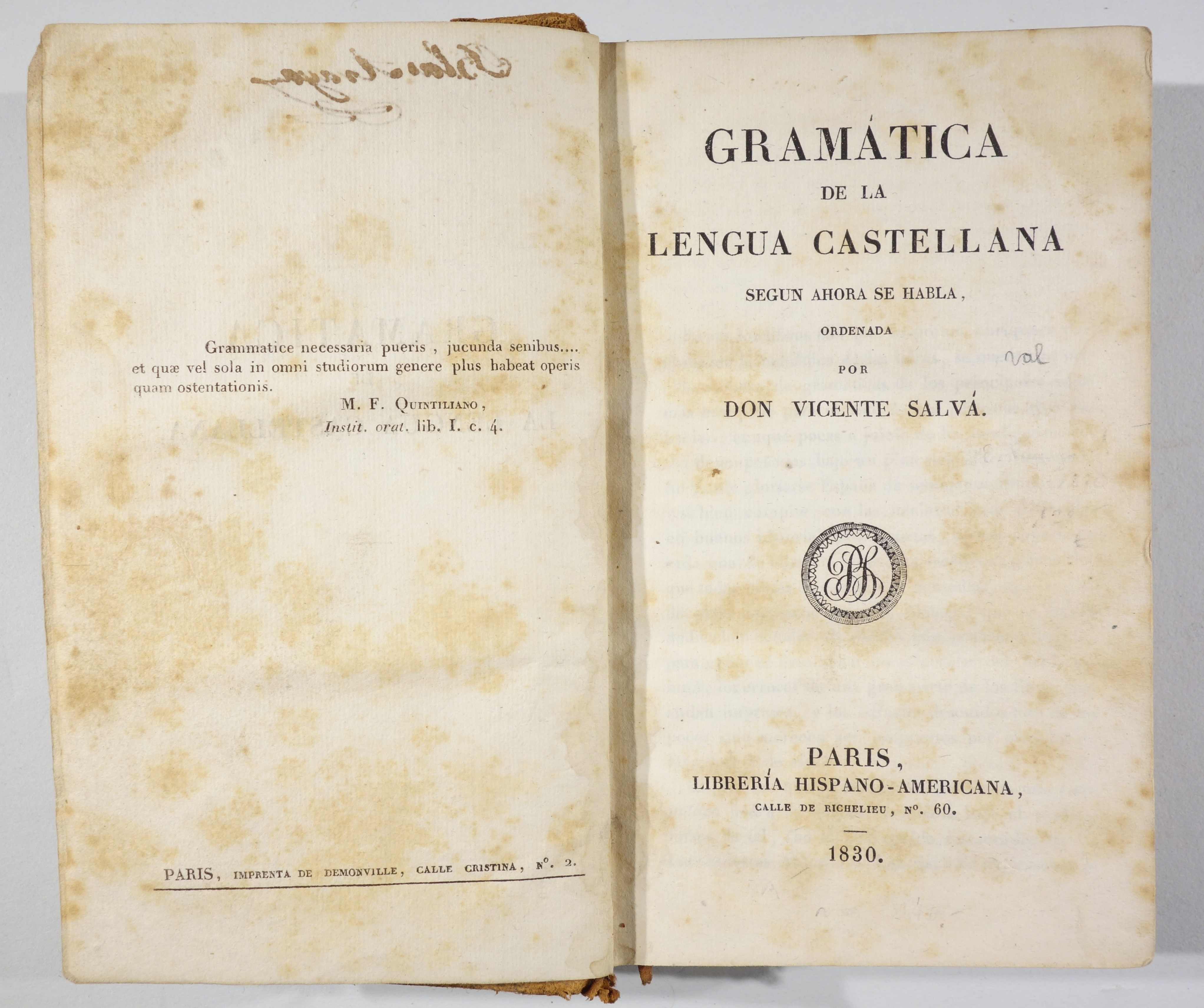 Gramatica de la Lengua Castellana. Segun ahora se habla. by Vicente ...