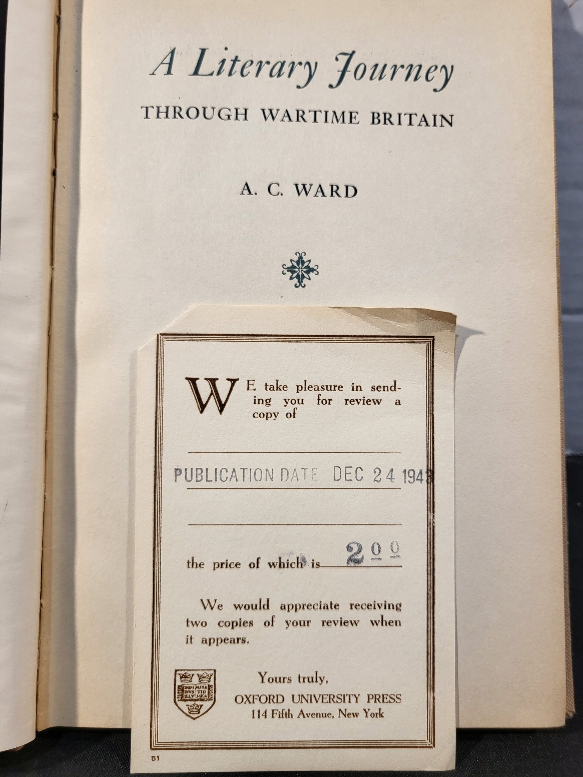 A Literary Journey Through Wartime Britain rare review copy by A C Ward ...