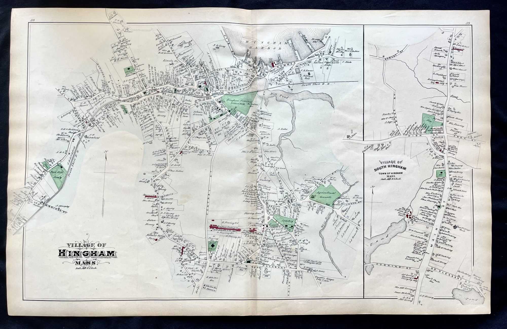 1879 Hand-Colored Street Map of Hingham Massachusetts w PROPERTY OWNER ...