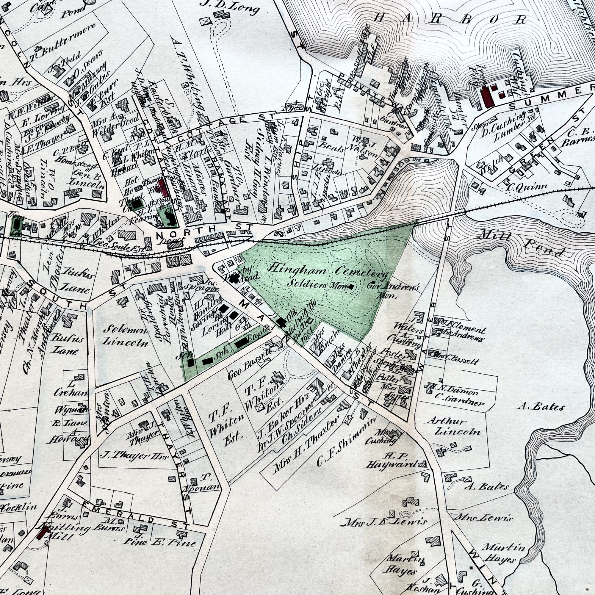 1879 Hand-Colored Street Map of Hingham Massachusetts w PROPERTY OWNER ...