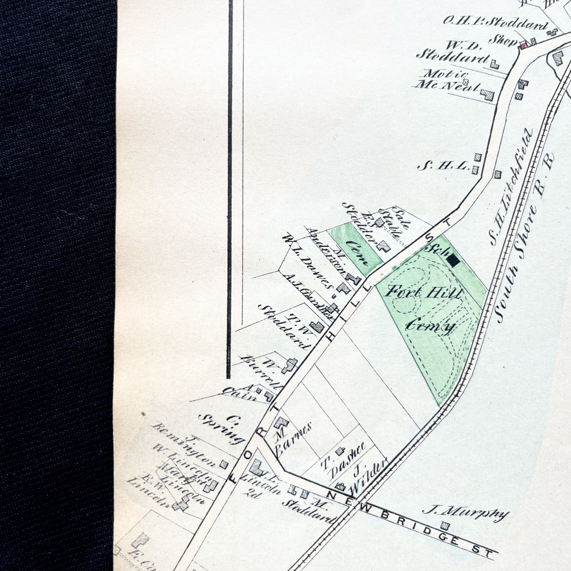 1879 Hand-Colored Street Map of Hingham Massachusetts w PROPERTY OWNER ...