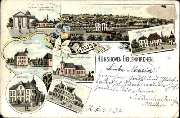 Litho Hünshoven Geilenkirchen, Schloss Trips, Schloss Breill, Kreishaus ...