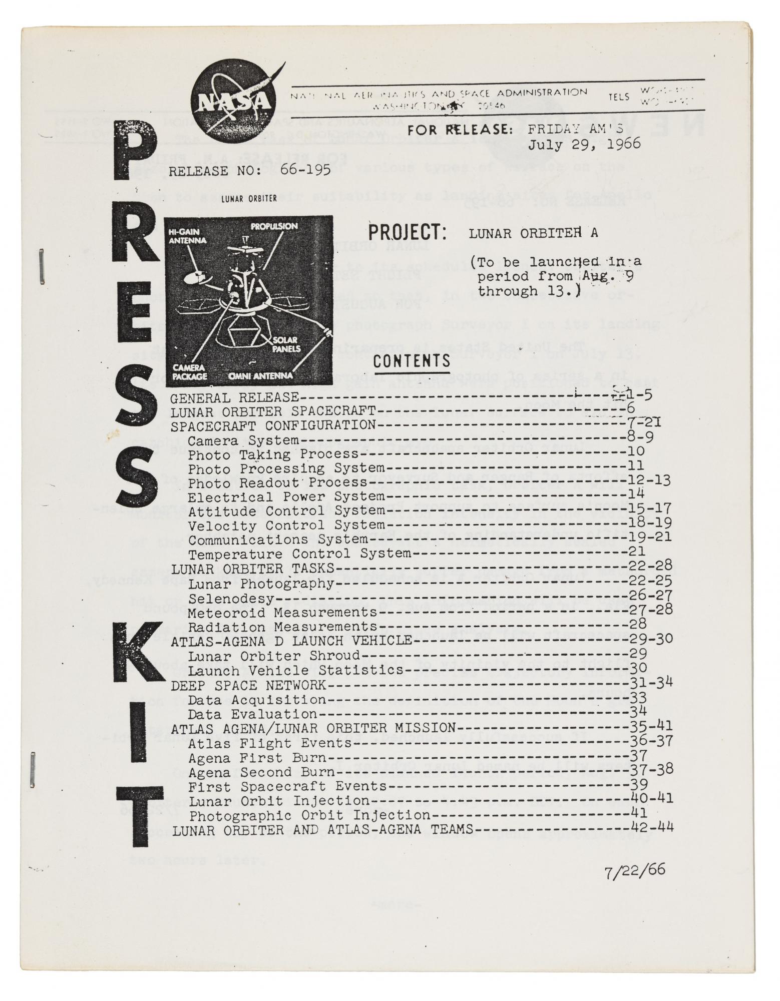 NASA Press Kit, Project: Lunar Orbiter A, 1966 by NASA: (1966 ...