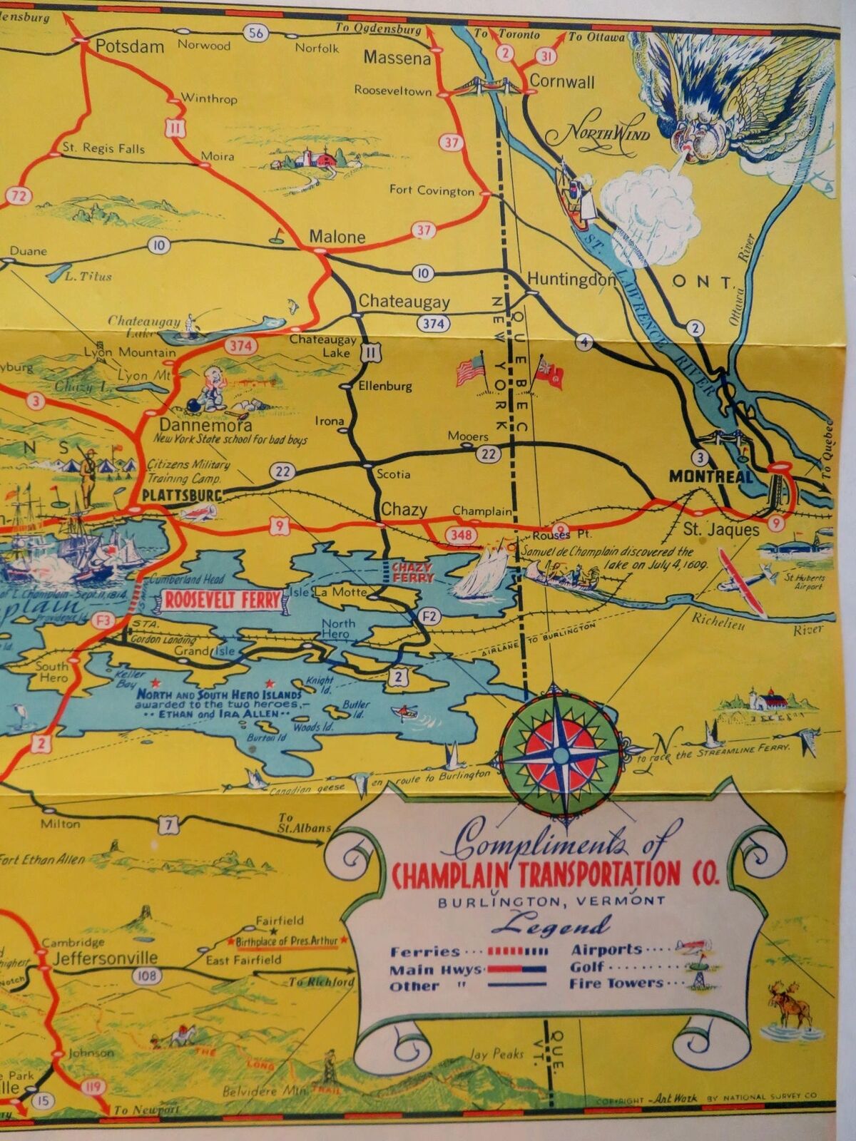 Lake Champlain Vermont New York Cartoon Pictorial Map c. 1950's tourist ...