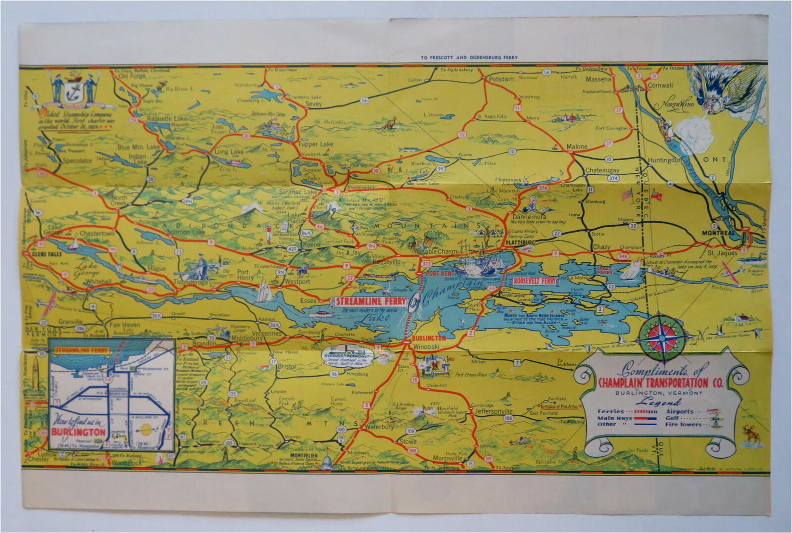 Lake Champlain Vermont New York Cartoon Pictorial Map c. 1950's tourist ...