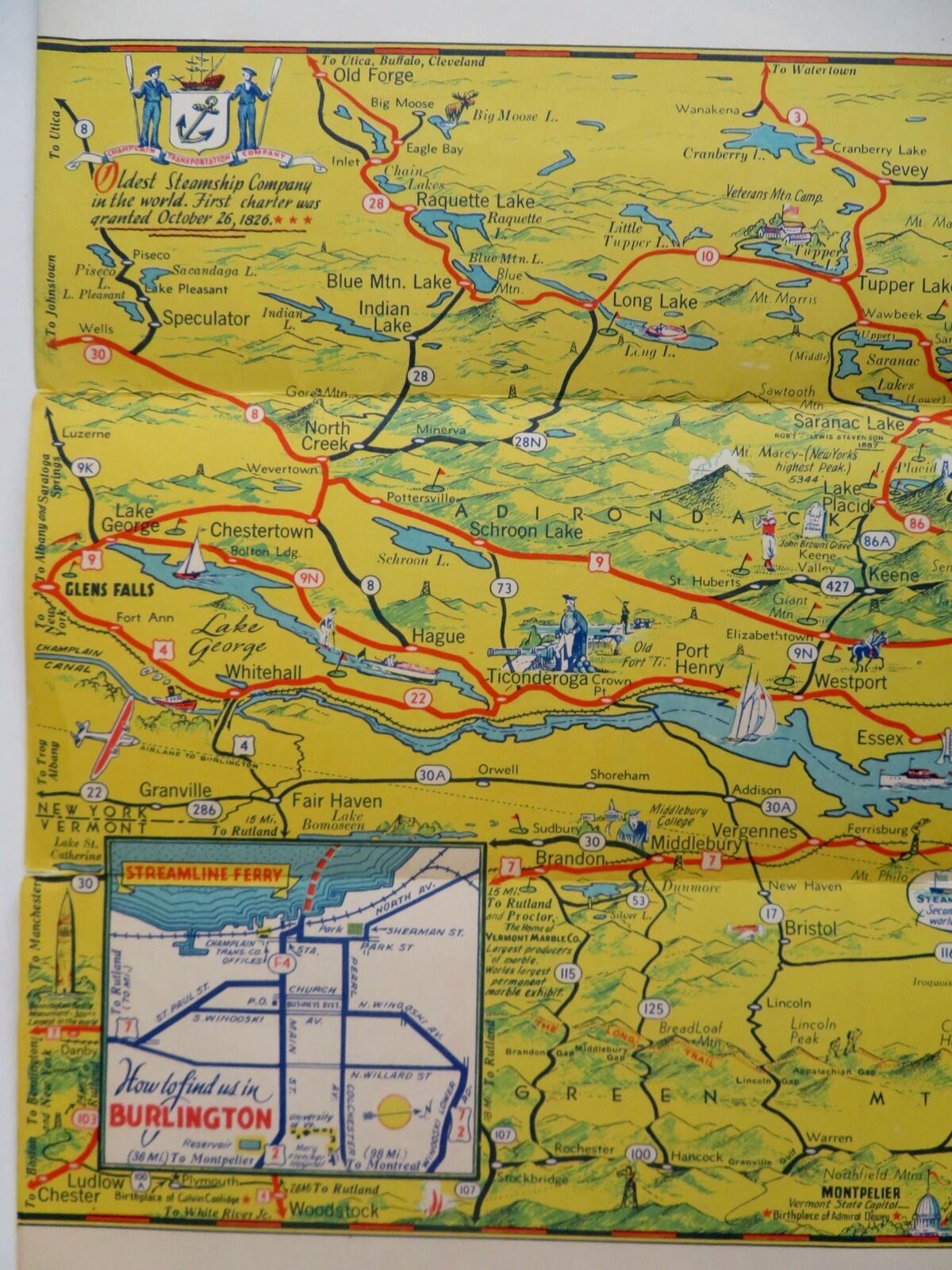 Lake Champlain Vermont New York Cartoon Pictorial Map c. 1950's tourist ...