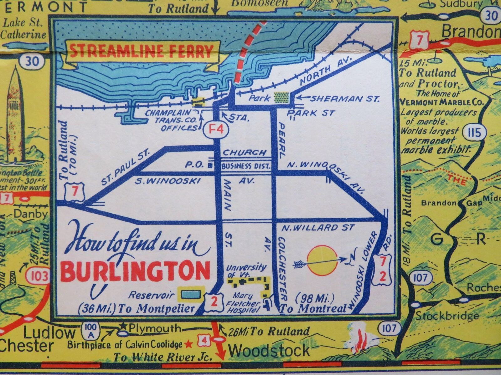 Lake Champlain Vermont New York Cartoon Pictorial Map c. 1950's tourist ...