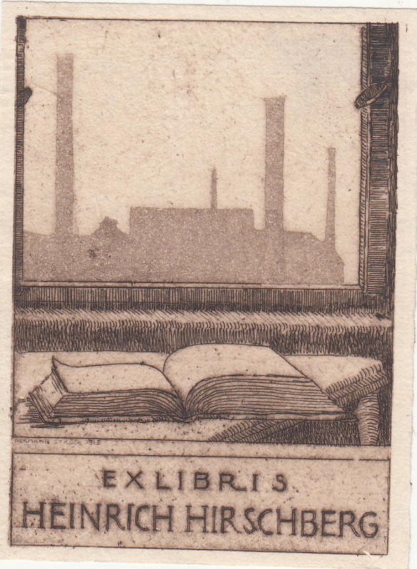 Exlibris Heinrich Hirschberg. Offen liegendes Buch, dahinter Fenster ...