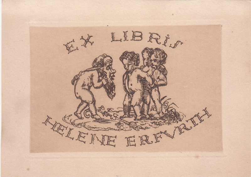 Ex Libris Helene Erfurth. Putto mit bärtiger Maske, drei weitere Putti erschreckend. by Fiedler ...