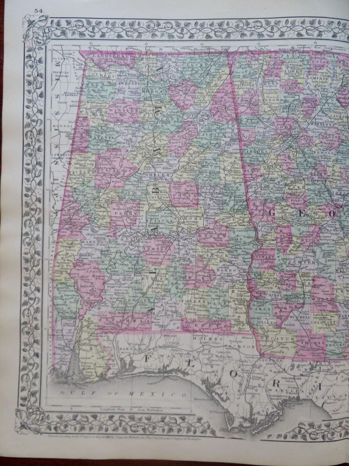 Alabama & Georgia County Map Savannah Atlanta Mobile 1883 Mitchell map ...