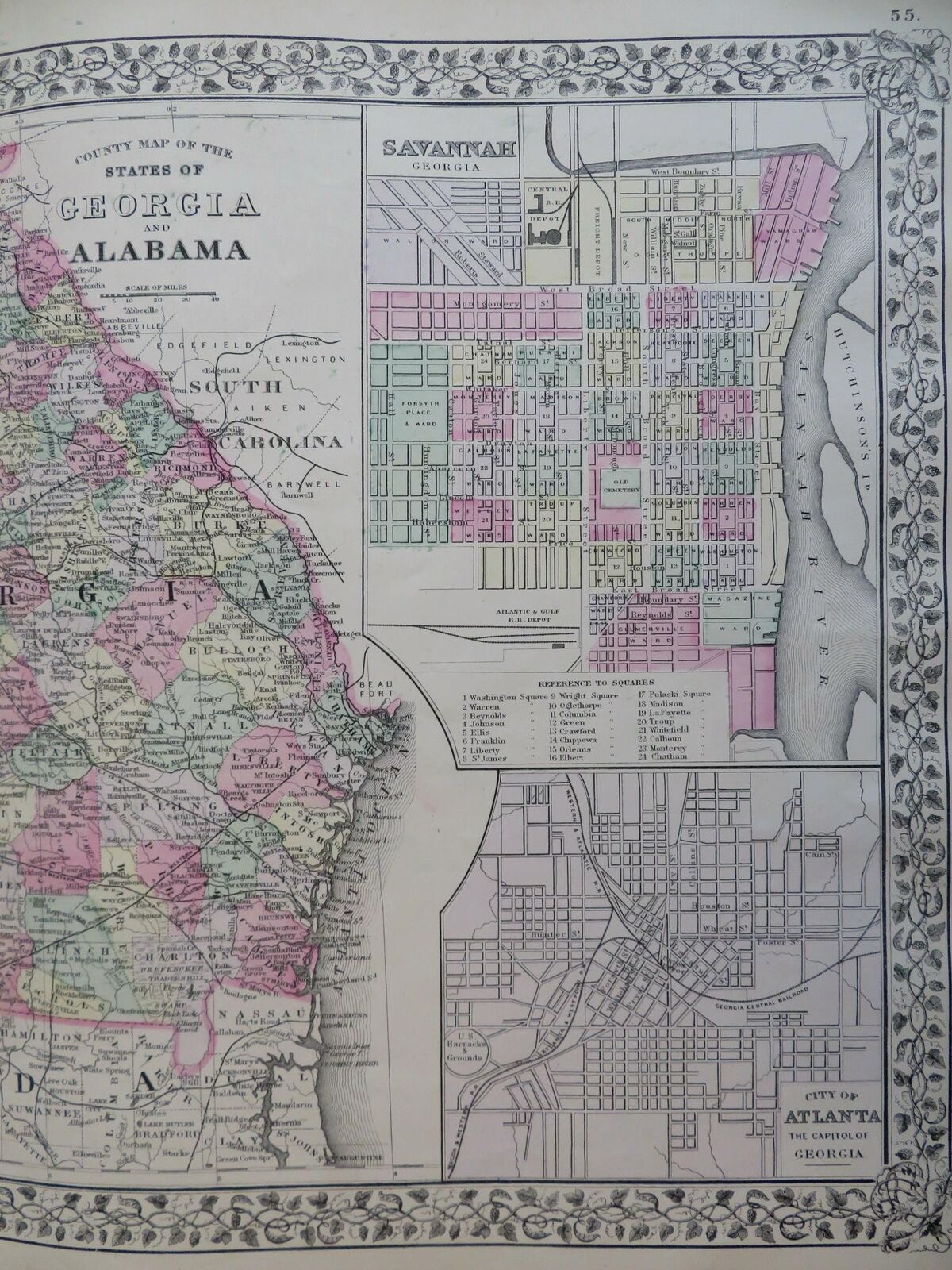 Alabama & Georgia County Map Savannah Atlanta Mobile 1883 Mitchell map ...
