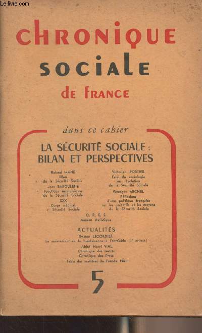 Chronique sociale de France - N°5 - Sept. déc. 1951 61e année - La ...