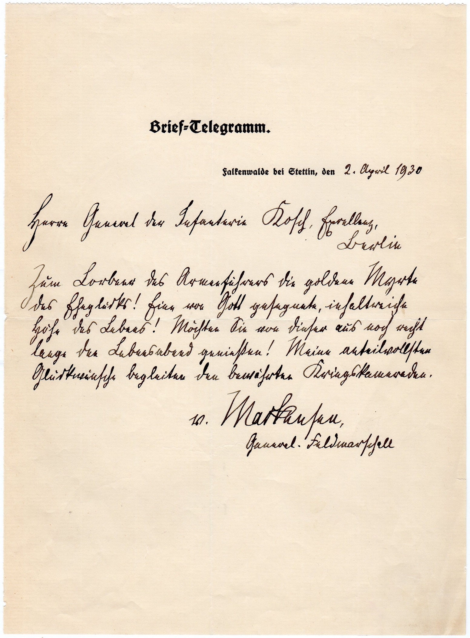 Autograph letter signed by Mackensen, August von (1849-1945): Signatur ...