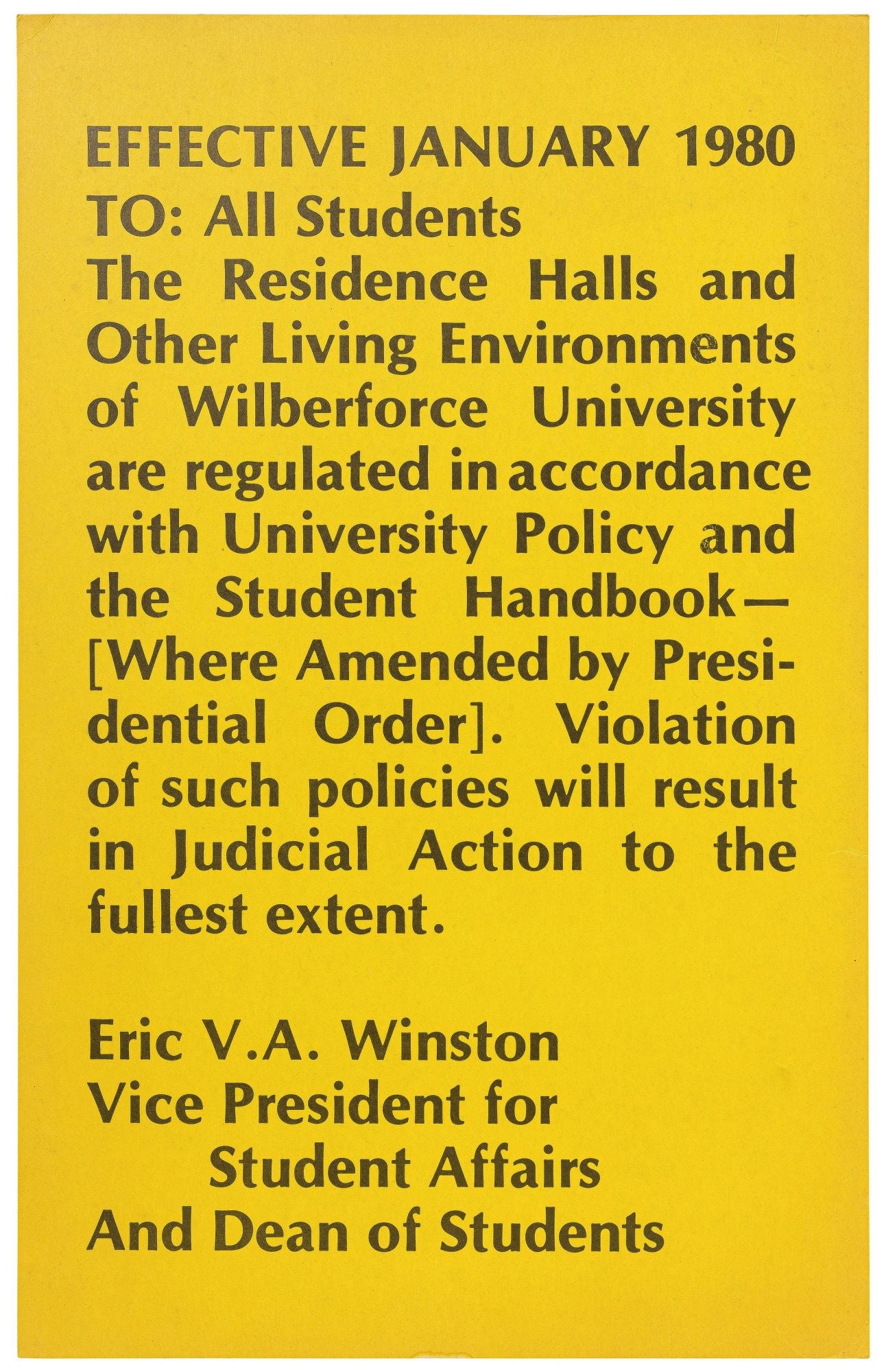 [Broadside]: Effective January 1980. To: All Students. The Residence ...