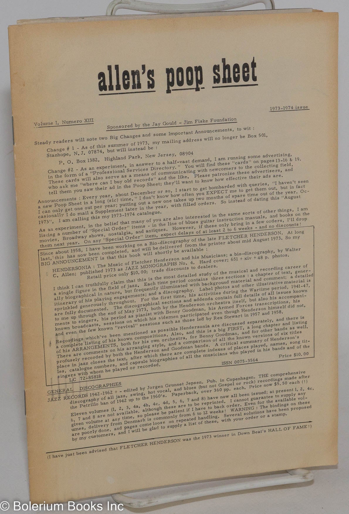 Allen's poop sheet, volume 1, no. XIII (1973-1974 issue) [+ letter ...