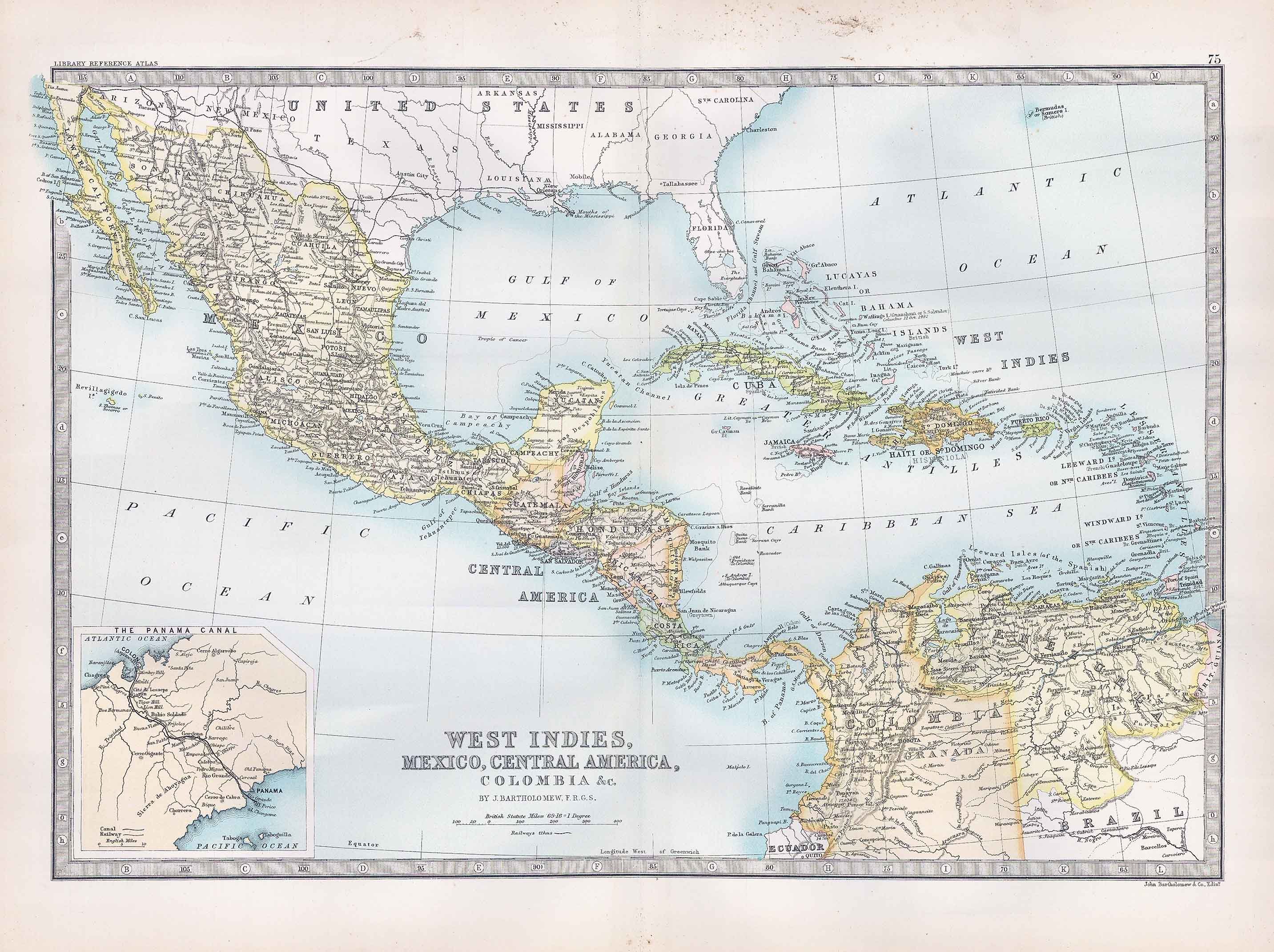 1912 Antique Map MEXICO WEST INDIES Central America Colombia (BWM4-74 ...