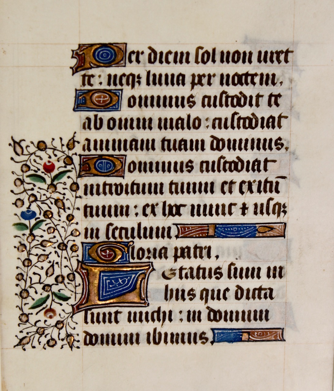 Rinceaux illuminations, fine gilding. Manuscript Book of Hours leaf, c ...