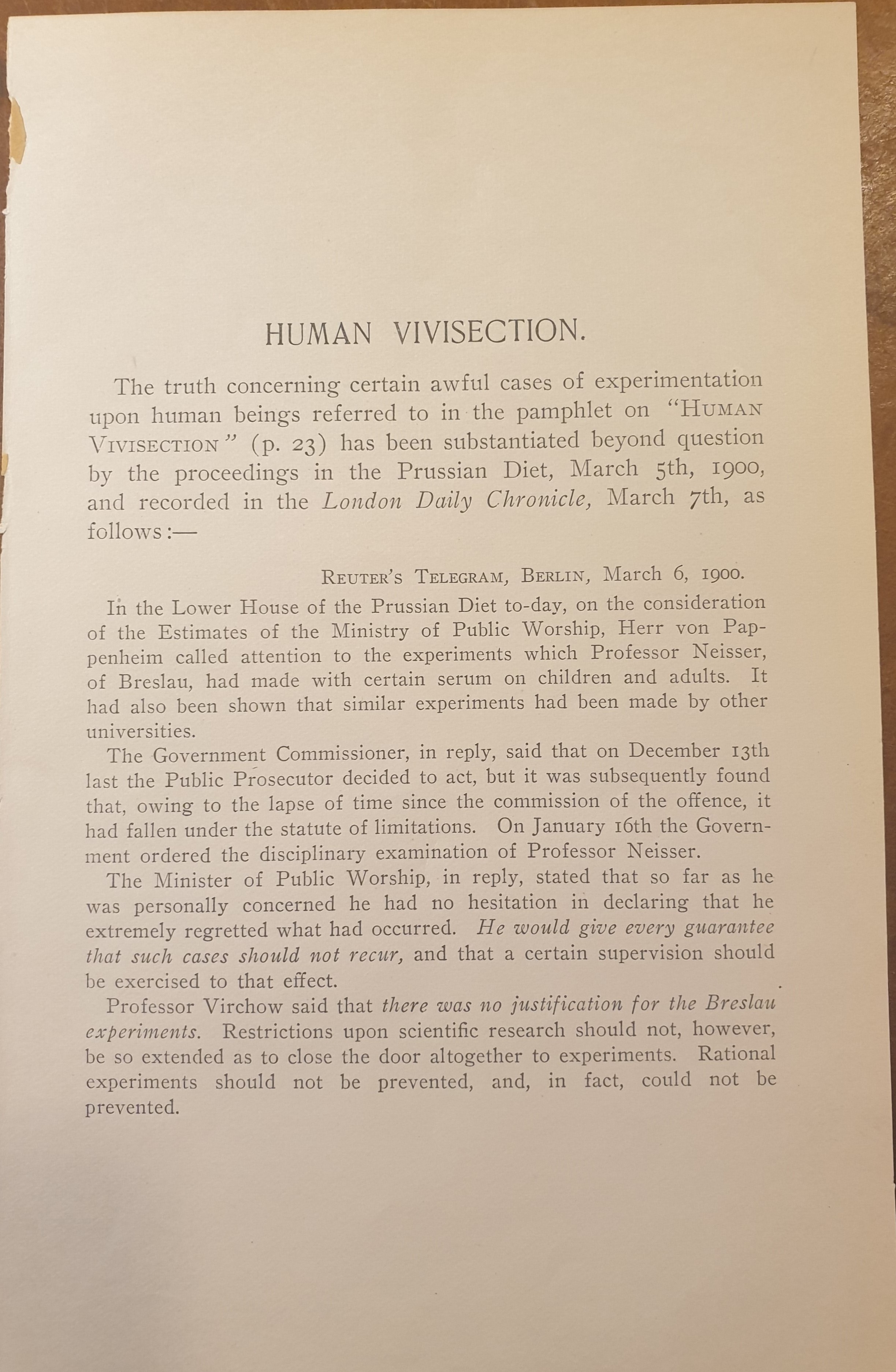 Human Vivisection. by (Professor Albert, NEISSER): ottimo senza ...