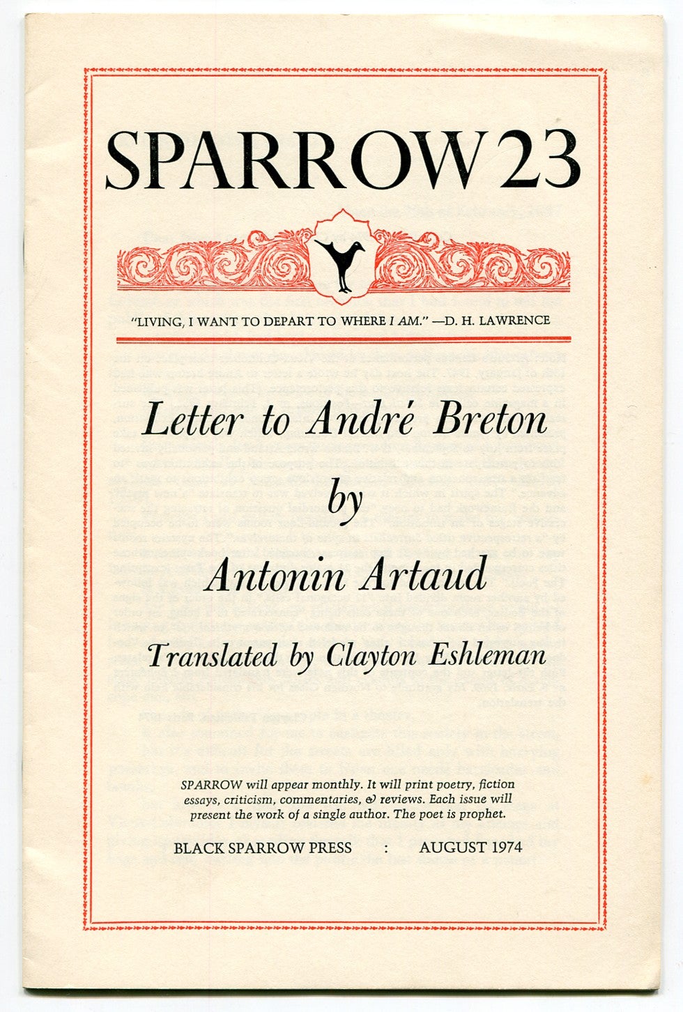 Sparrow 23 Letter to André Breton by ARTAUD, Antonin: Near Fine Softcover (1974) | Between the ...