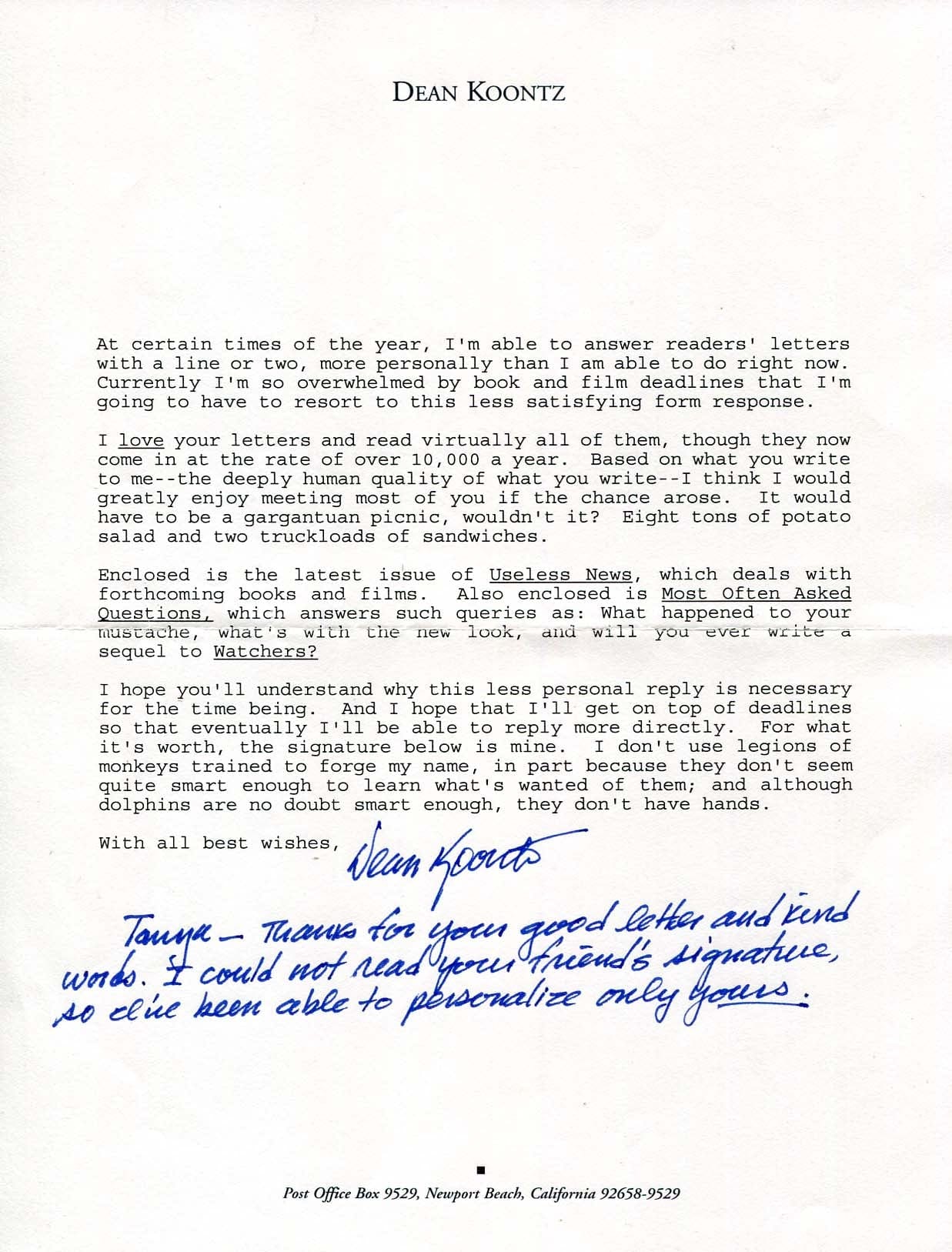 Dean Koontz Autograph | signed letters by Dean Koontz Autograph ...