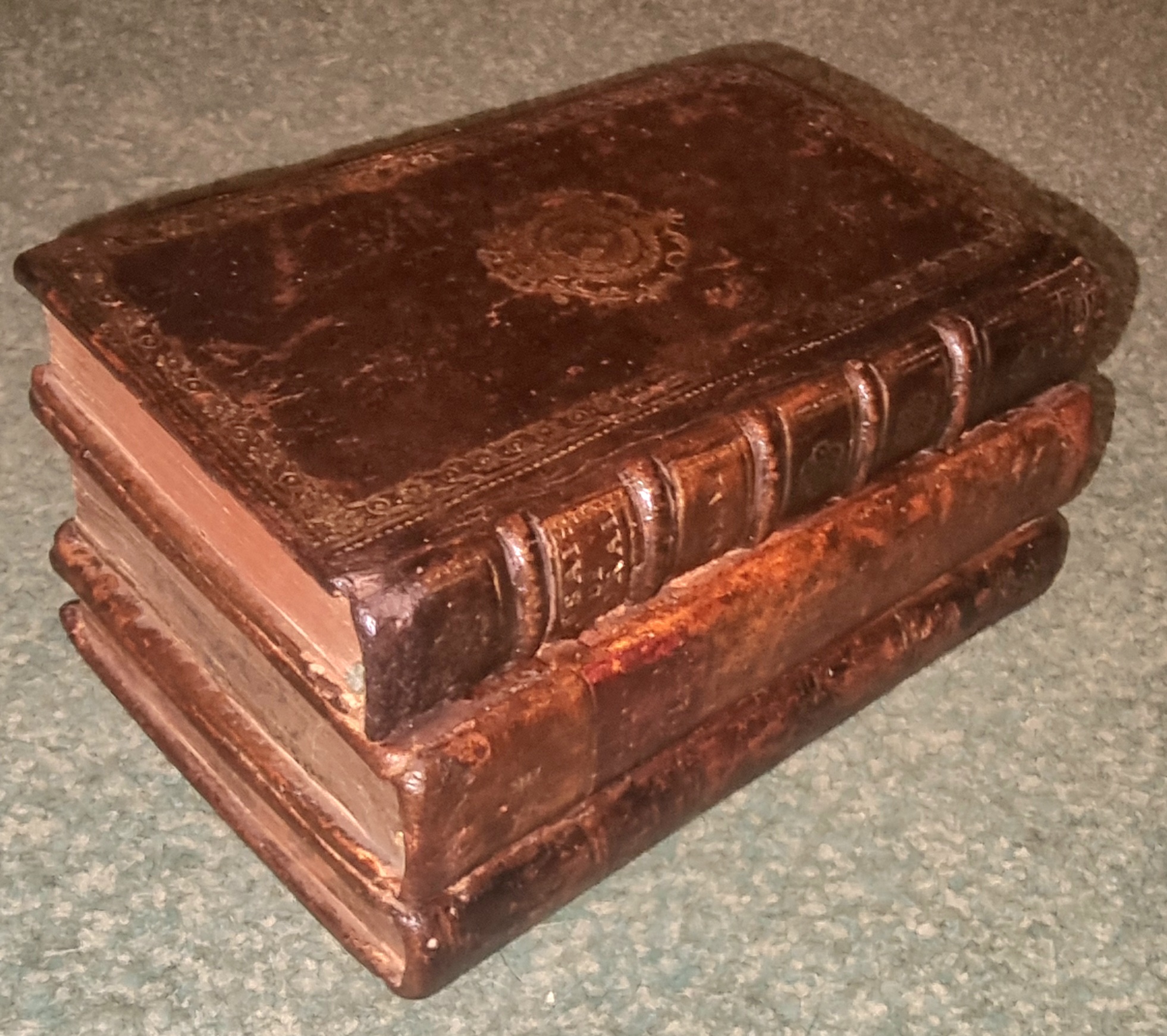 3 Leatherbound books fused together to form a paperweight . by ...