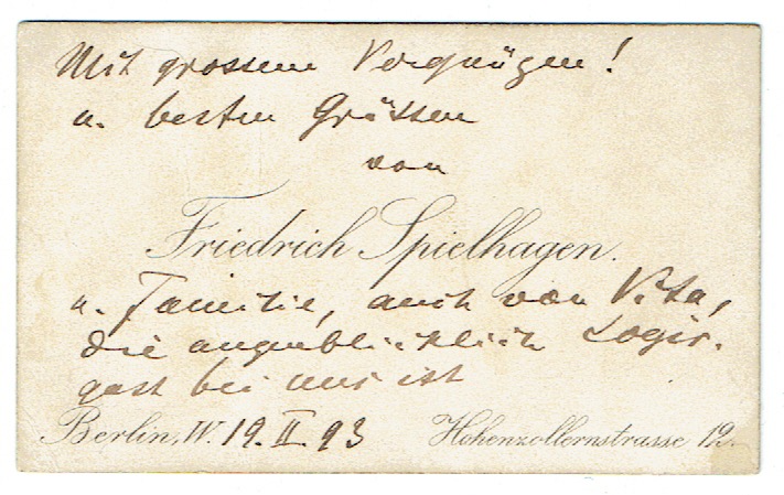 Gedr. Visitenkarte mit eigenh. Zusatz. by Spielhagen, Friedrich ...