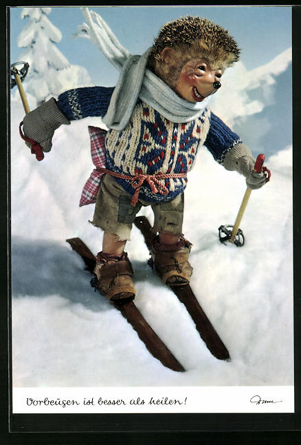 Ansichtskarte Mecki beim Abfahrtslauf auf Skiern: Manuskript ...