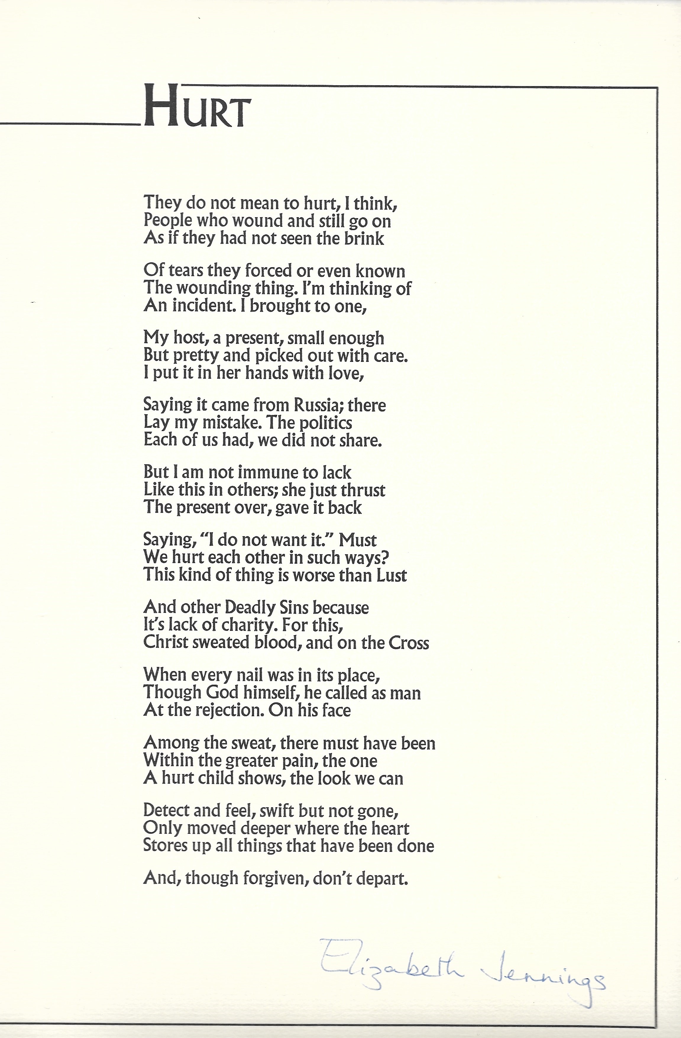 Hurt by Elizabeth Jennings: Fine Soft cover (1970) 1st Edition, Signed ...