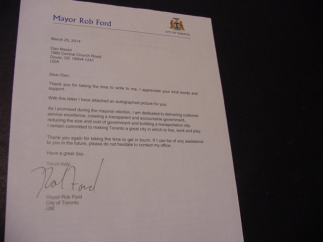 SIGNED LETTER de Ford, Rob Mayor (1969-2016): Fine No Binding Condition ...