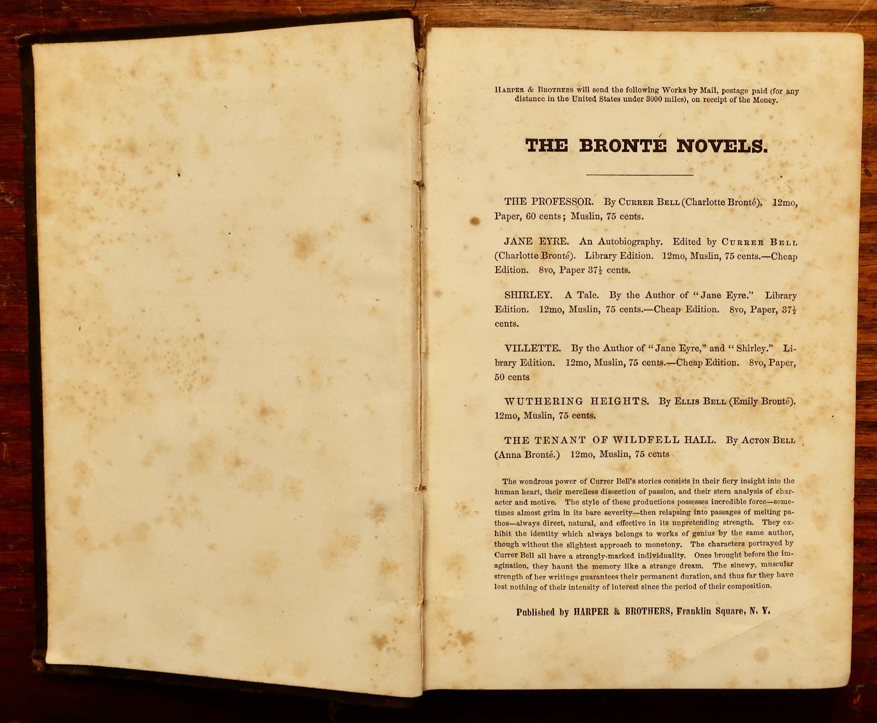 THE PROFESSOR, A TALE by Currer Bell (Charlotte Bronte): Good ...