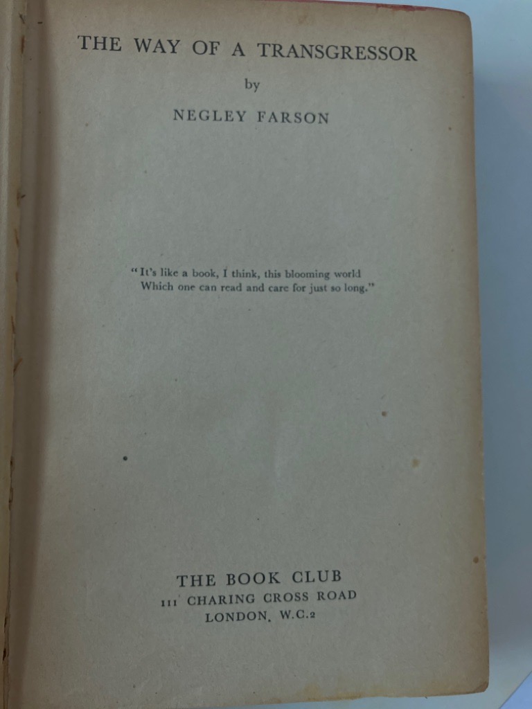 The Way of a Transgressor. by Farson, Negley:: Good Hardback (1940 ...