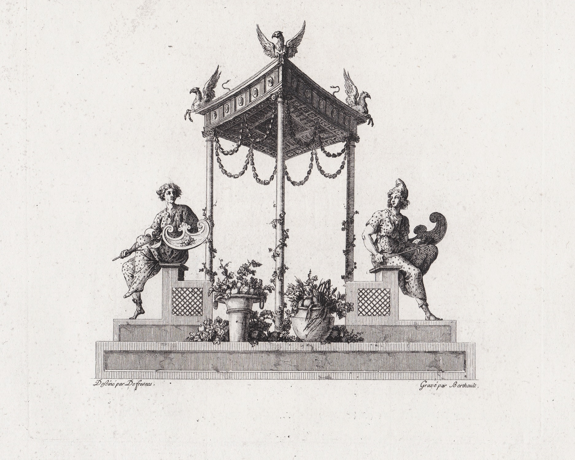 Ornamental engraving with an ancient pavillion and two figures at its ...