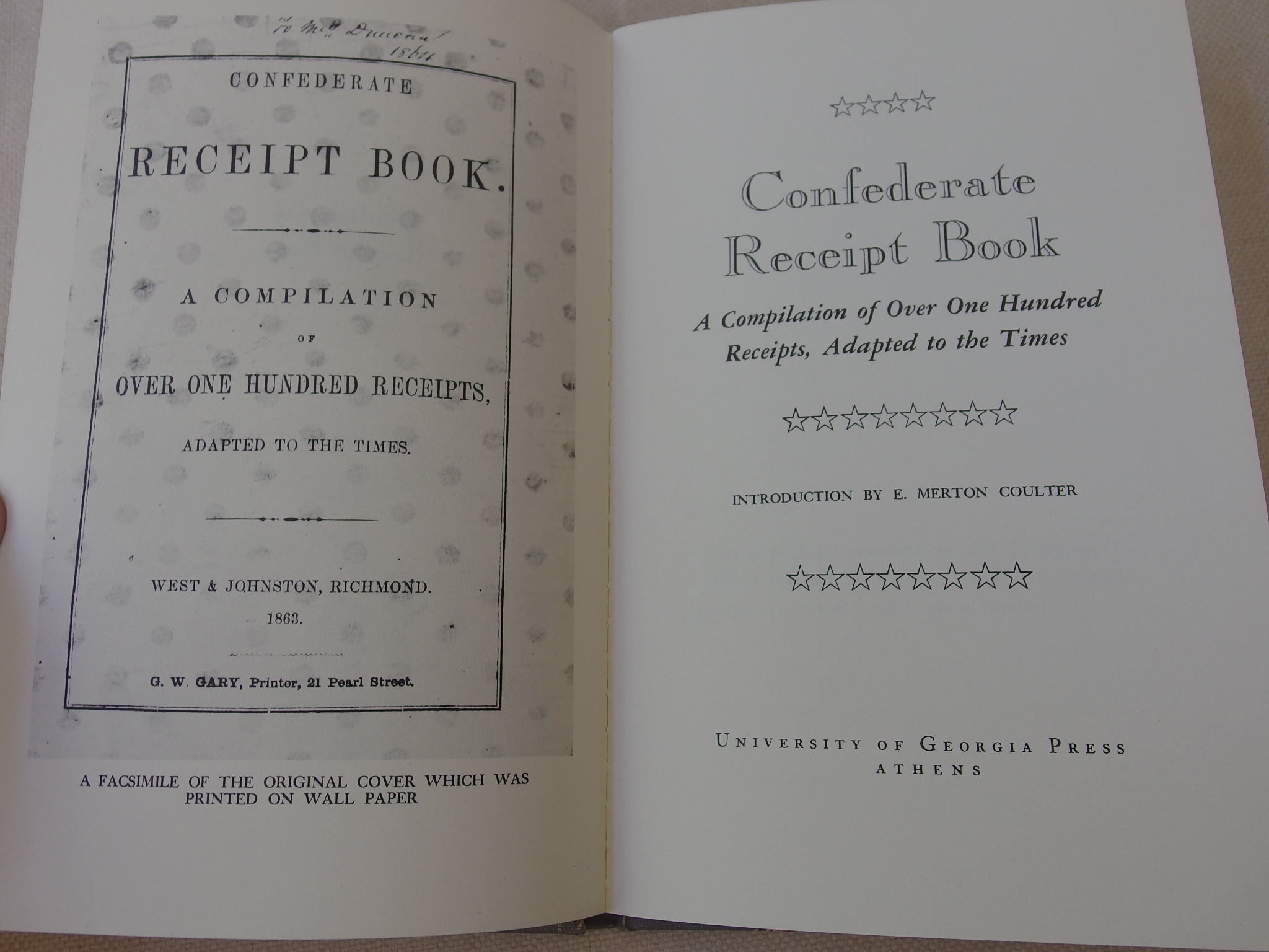 Confederate Receipt Book by E Merton Coulter (introduction): Near Fine ...
