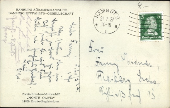 Ansichtskarte / Postkarte HSDG Dampfer Monte Olivia ...