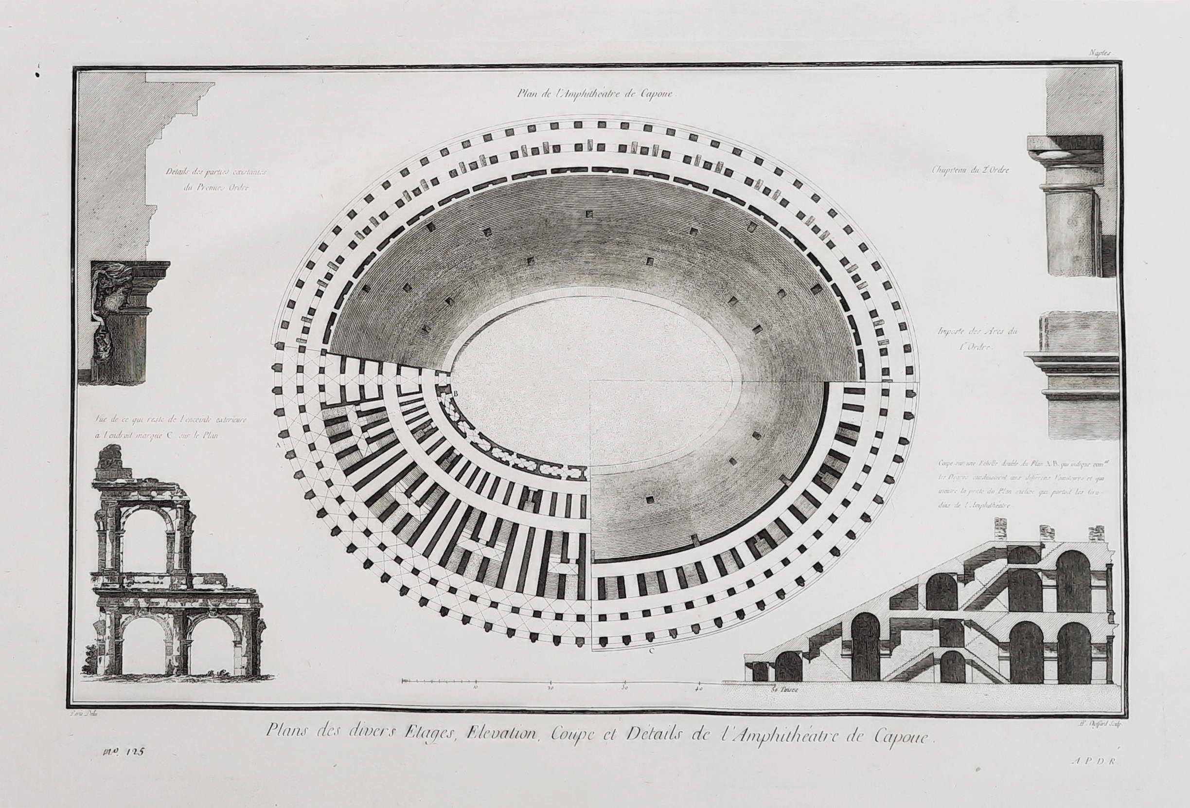 "Plans des divers Etages, Elevation, Coupe et Details de l'Amphitheatre ...