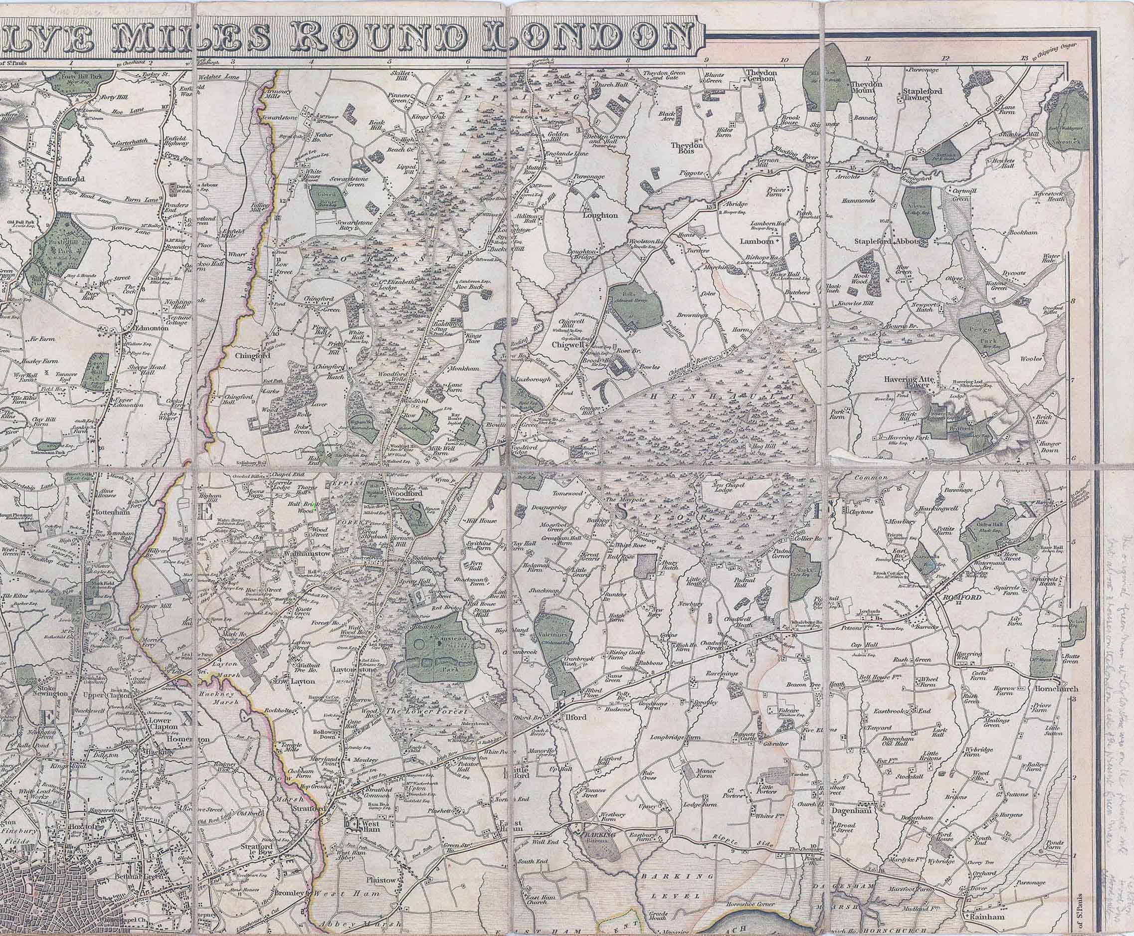 1824 MAP OF THE COUNTRY TWELVE MILES ROUND LONDON Folding Gardner Smith ...