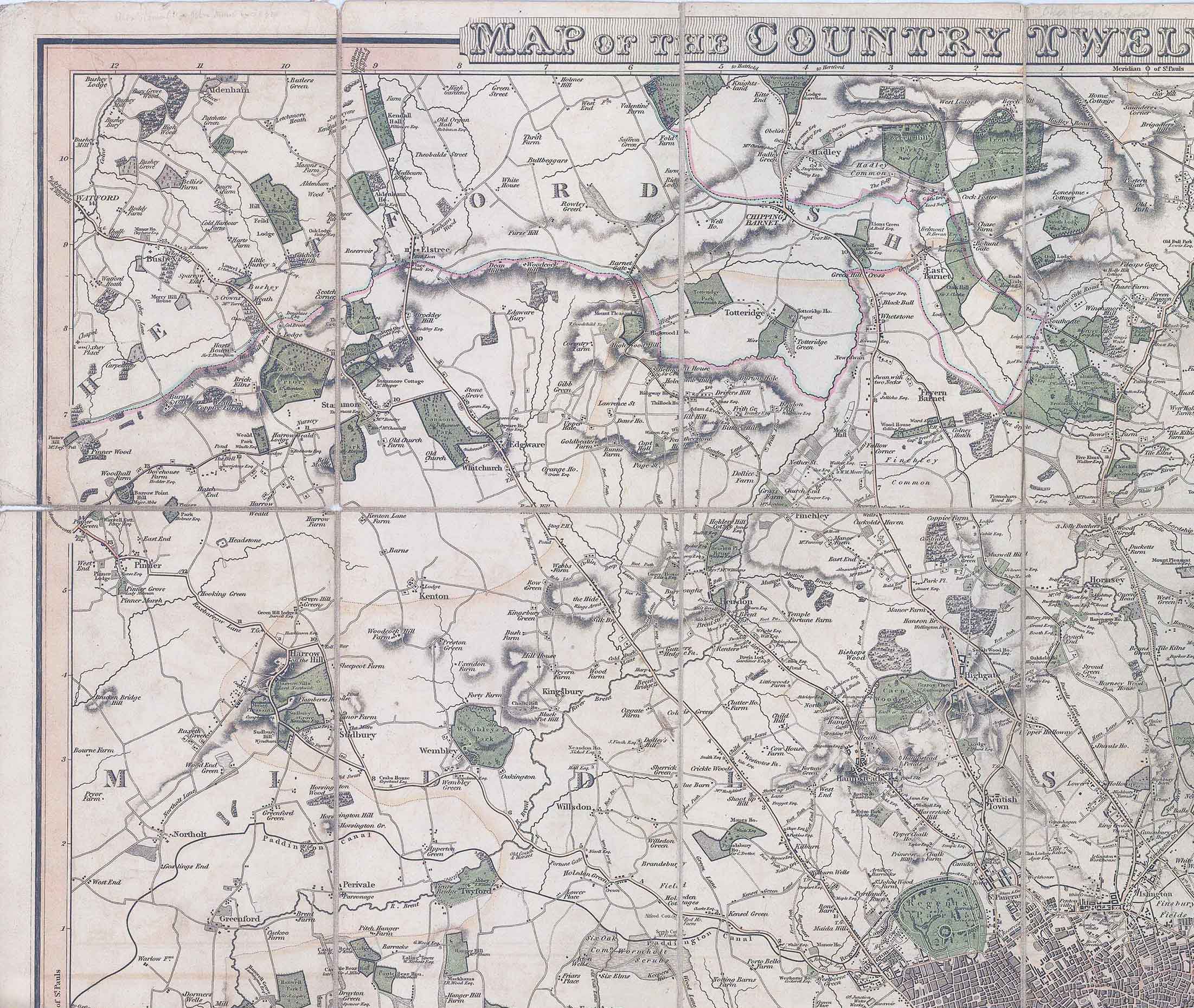 1824 MAP OF THE COUNTRY TWELVE MILES ROUND LONDON Folding Gardner Smith ...