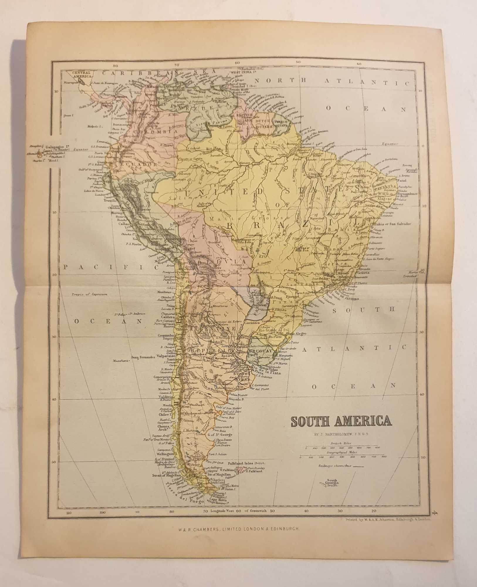 Bartholomew Map of South America, 1899 Colour Print de Johnston: Very ...