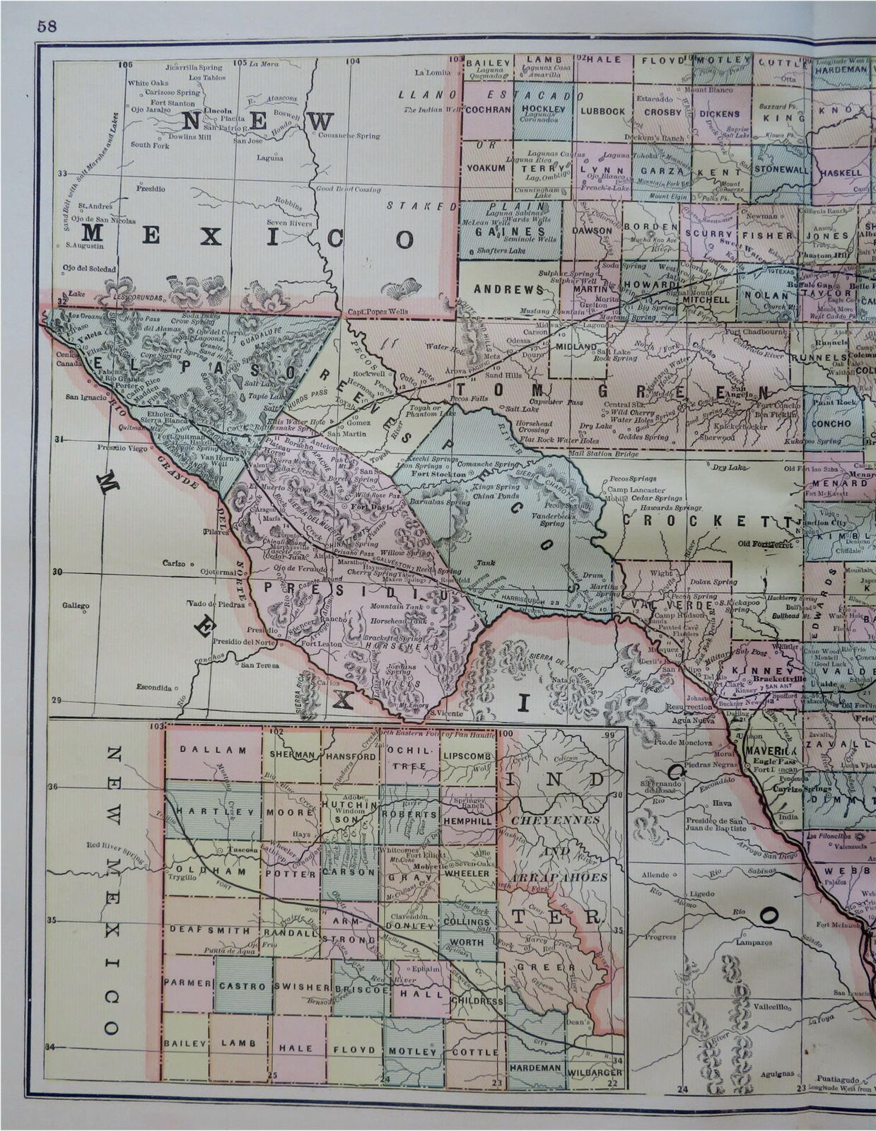 Texas State Map Western Counties El Paso 1887 Watson transitional map ...