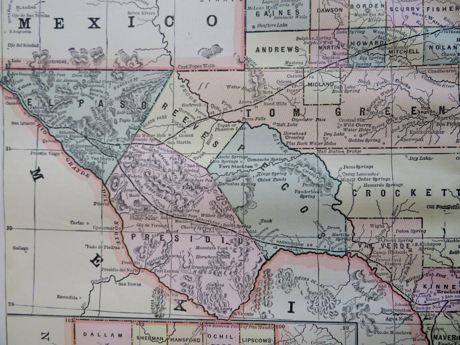 Texas State Map Western Counties El Paso 1887 Watson transitional map ...