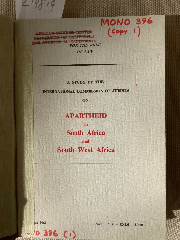 Apartheid in South Africa and South West Africa. by International ...
