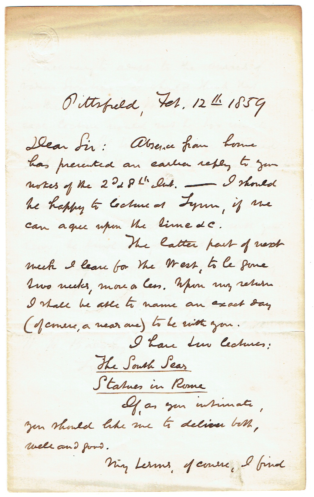Autograph letter signed ("H. Melville") to W[illiam] H. Barry. von ...