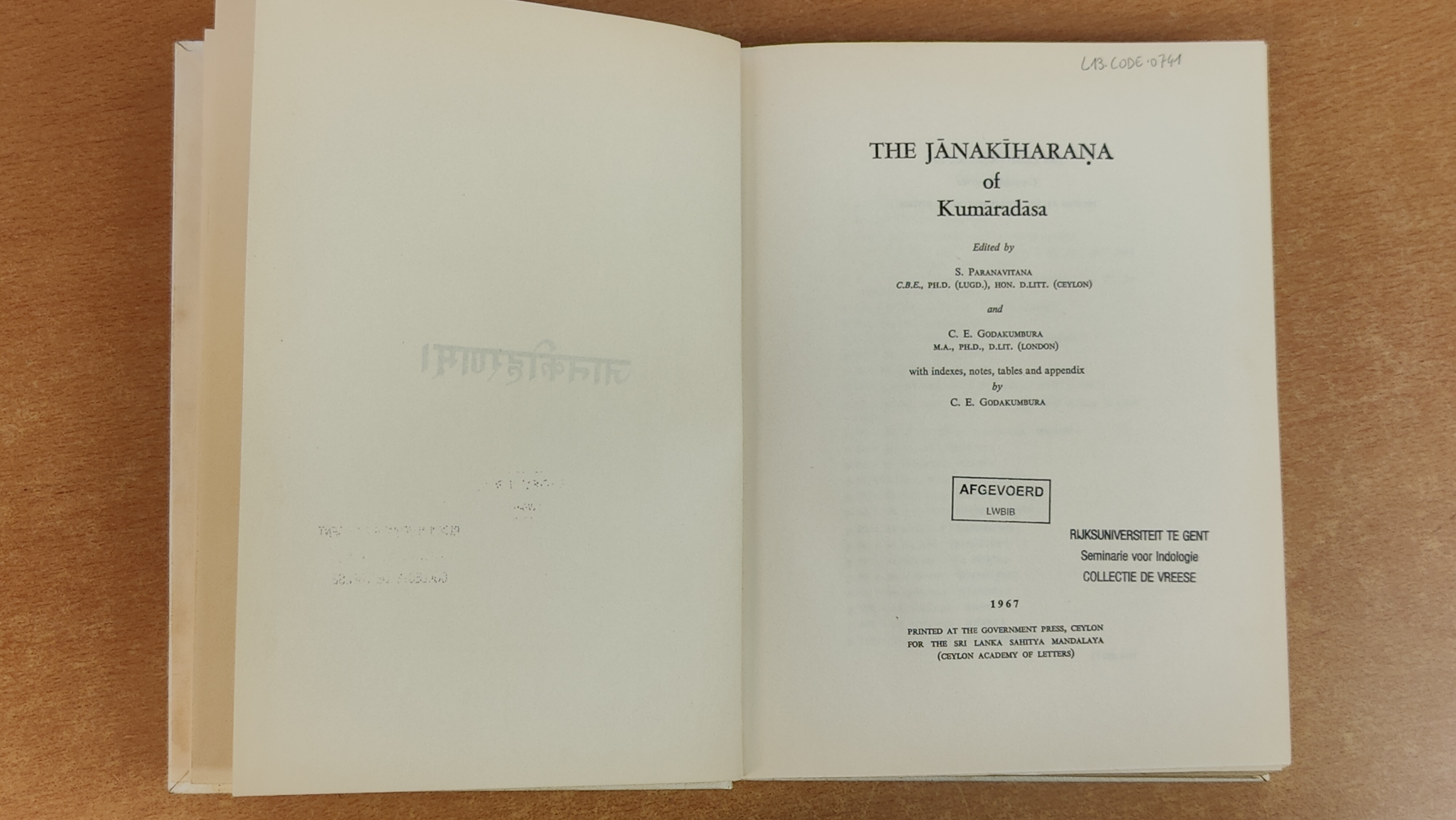 The Janakiharana of Kumaradasa by Kumaradasa, S. Paranavitana (ed), C.E ...
