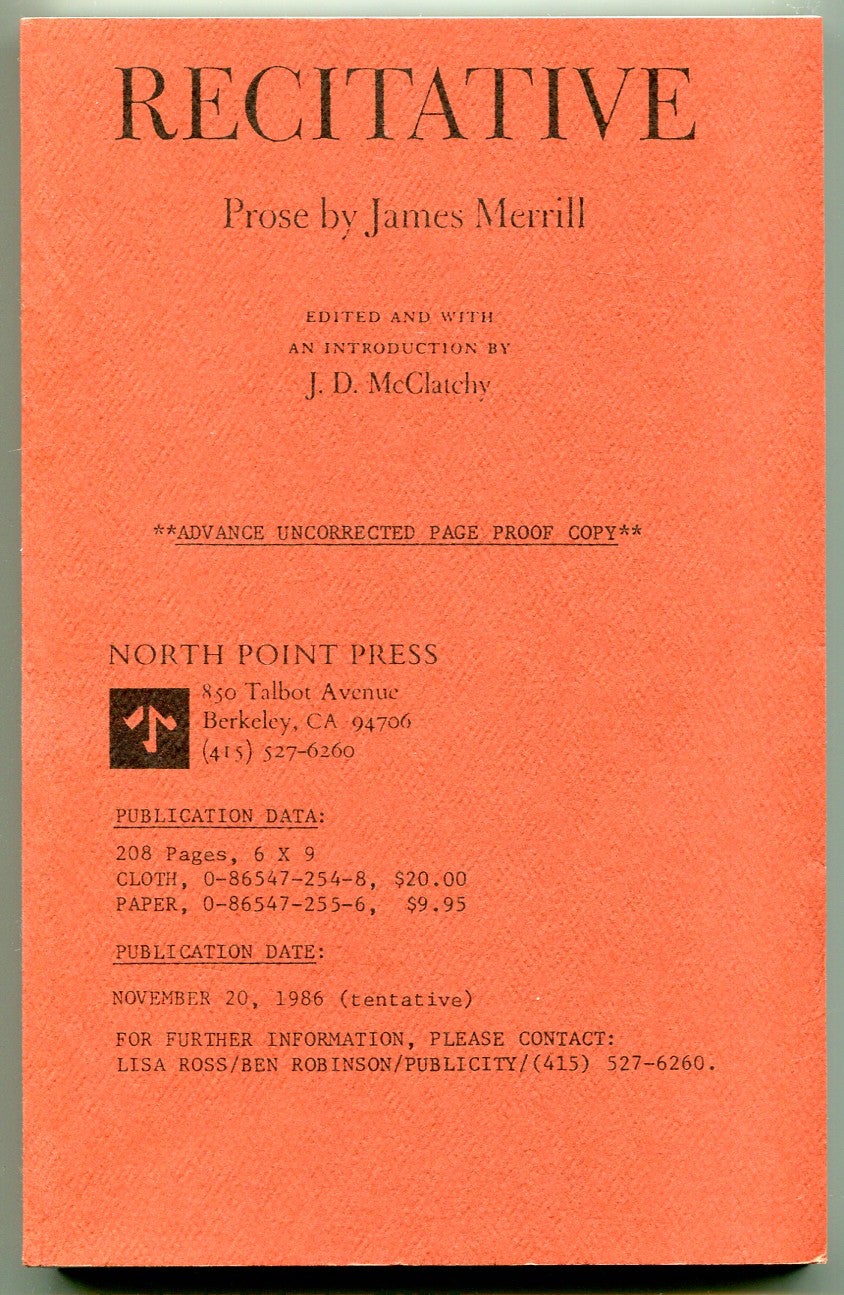 Recitative: Prose by MERRILL, James: Fine Softcover (1986) | Between ...