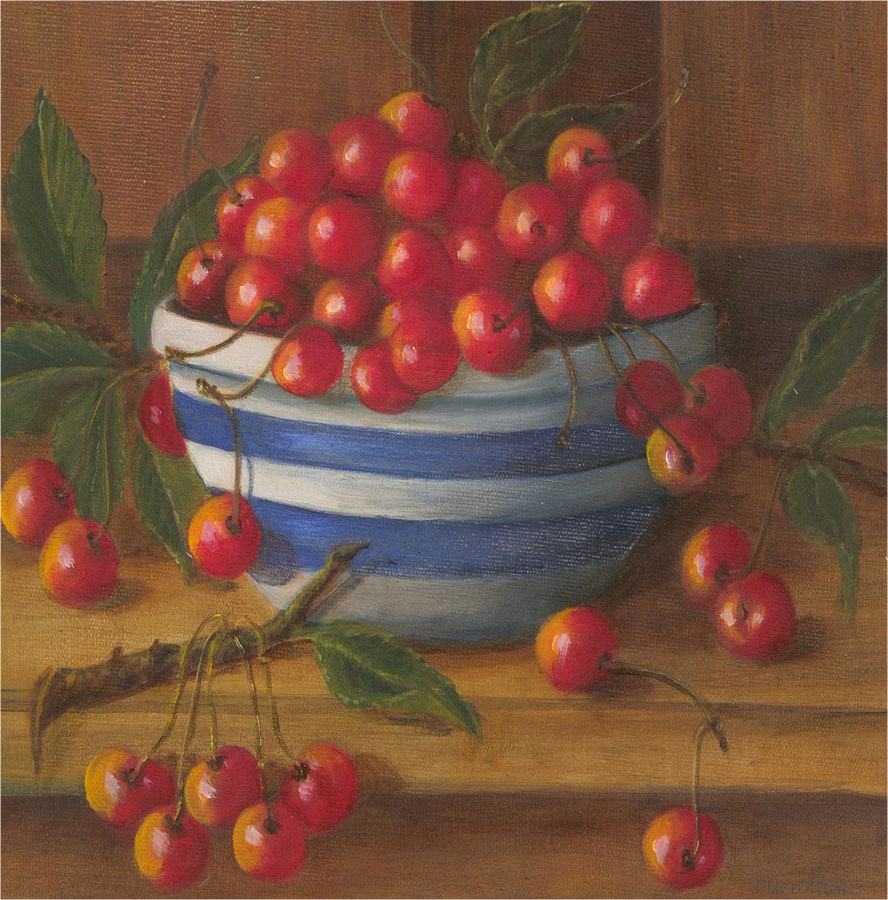 Patricia Newman - Contemporary Oil, Cherries in Cornishware Bowl by ...